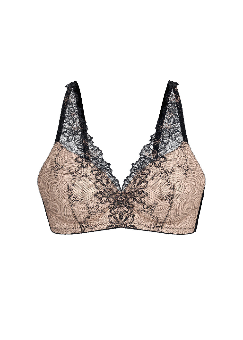 Nude Base and Black Embroidery Lace Bra | Wireless Comfort | UCALingerie